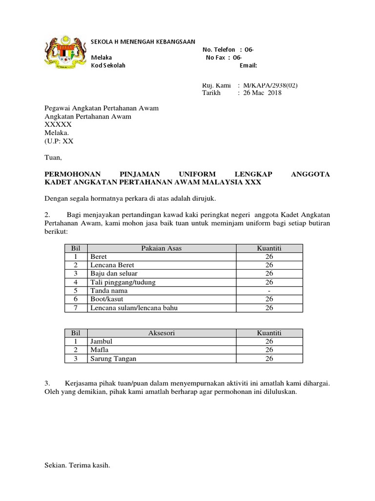 Surat Mohon Uniform Kaspa 1 | PDF