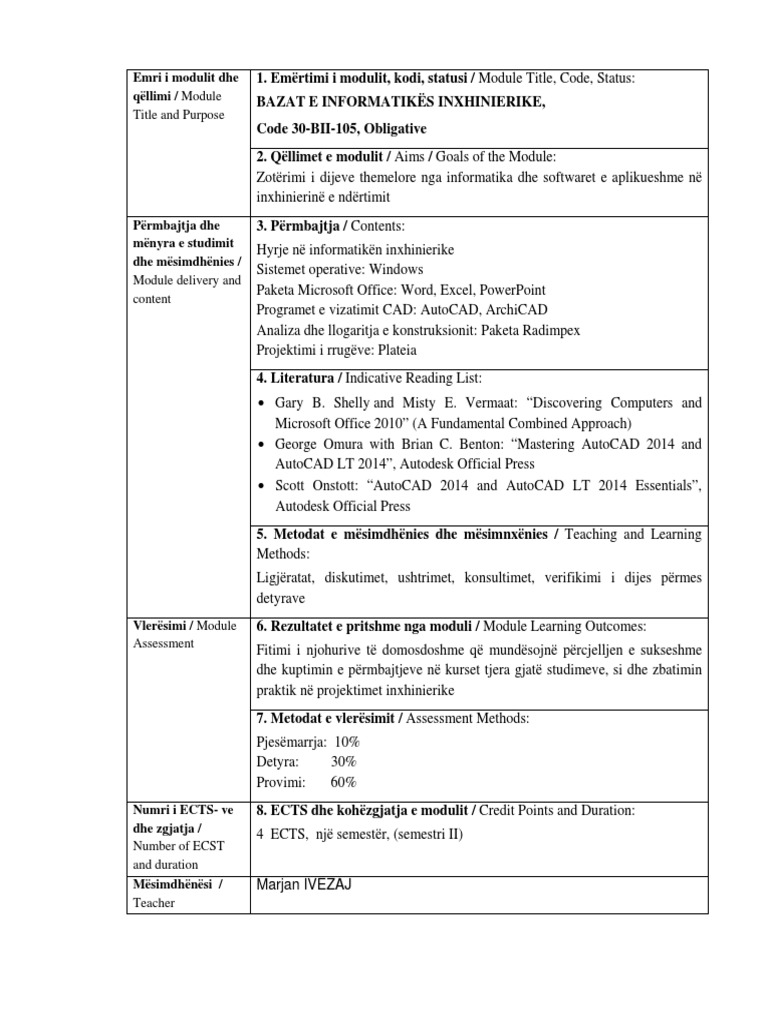 Bazat e Informatikes Inxhinierike - Syllabusi - 2014-2015 | PDF