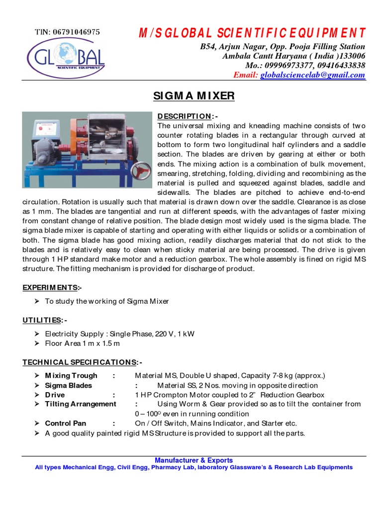 M/S Global Scientific Equipment: Sigma Mixer | PDF | Mixer (Cooking ...