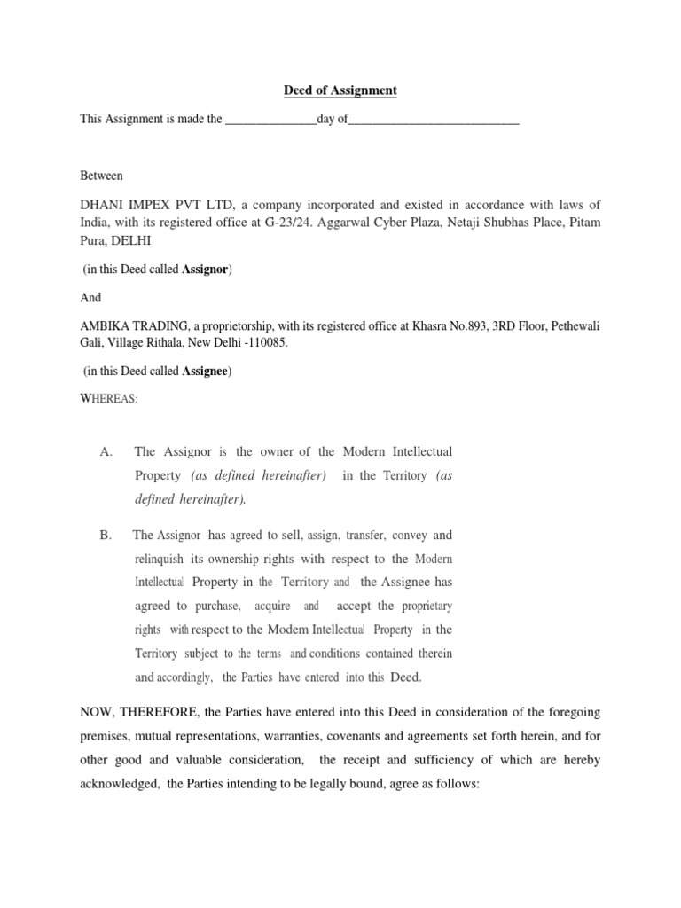 Deed of Assignment | PDF | Assignment (Law) | Trademark