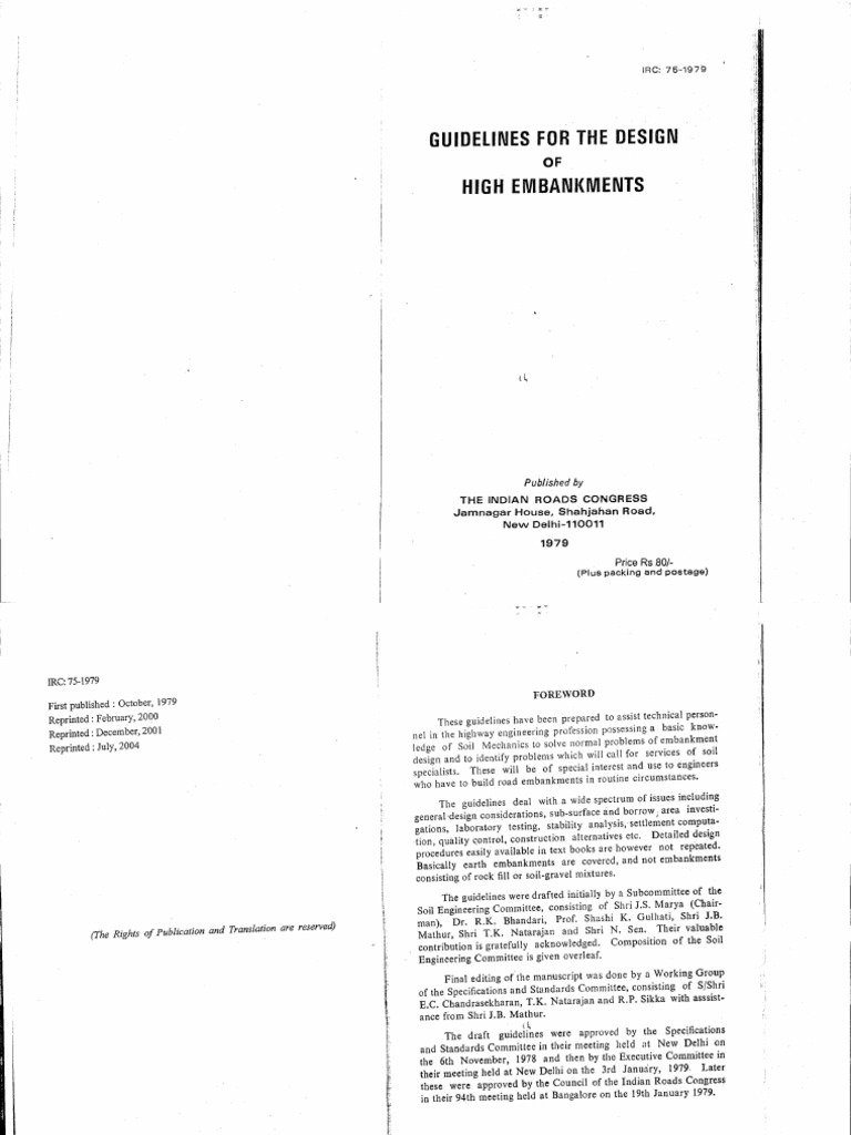 IRC 75 Guidelines For Design of High Embankments PDF | PDF