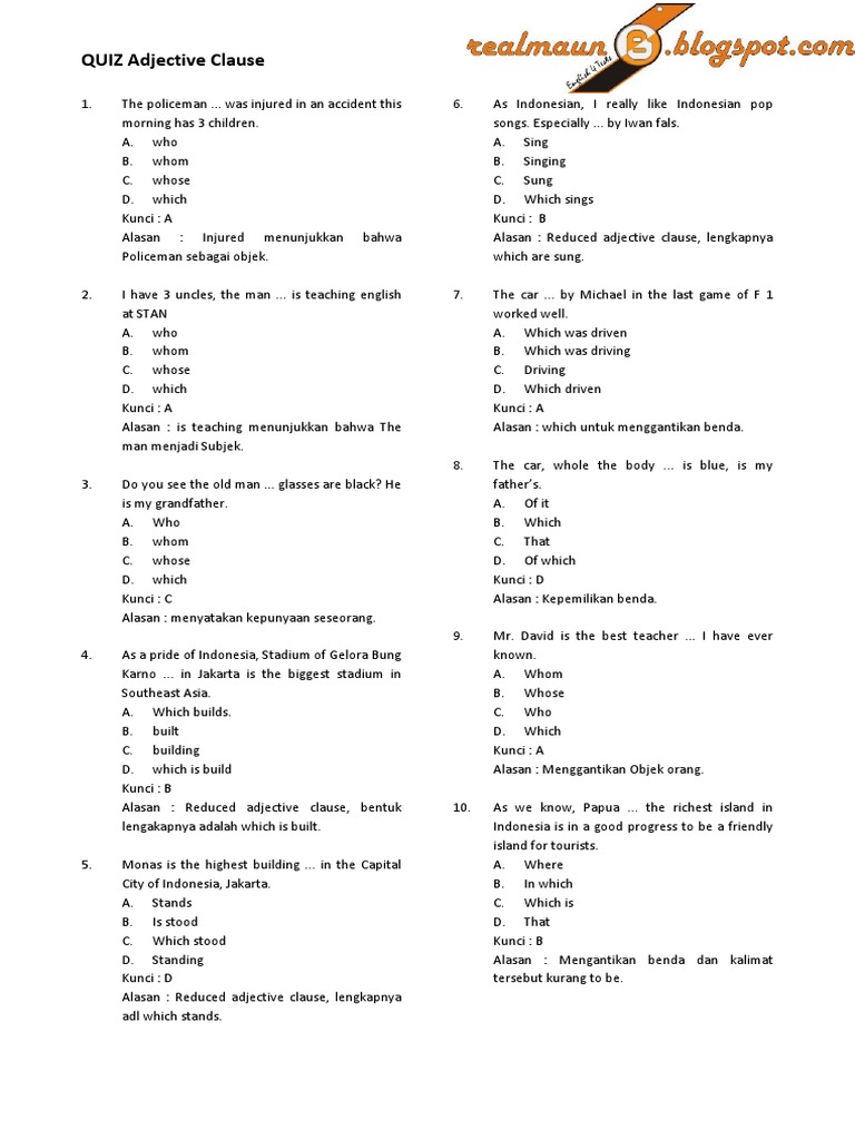QUIZ Adjective Clause | PDF