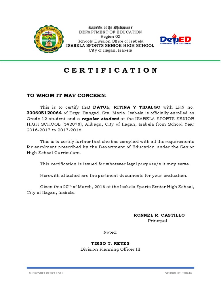 Certificate of Enrollment | PDF