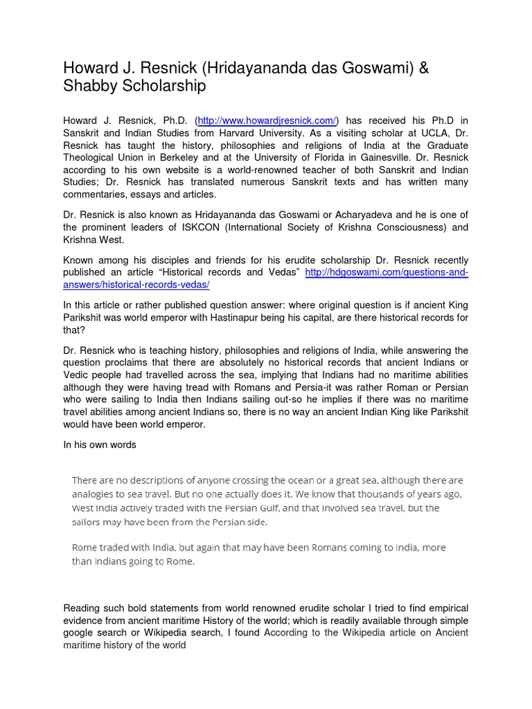 Howard J Resnick (Hridayananda Das Goswami) : Scholastic Rebuttal For ...