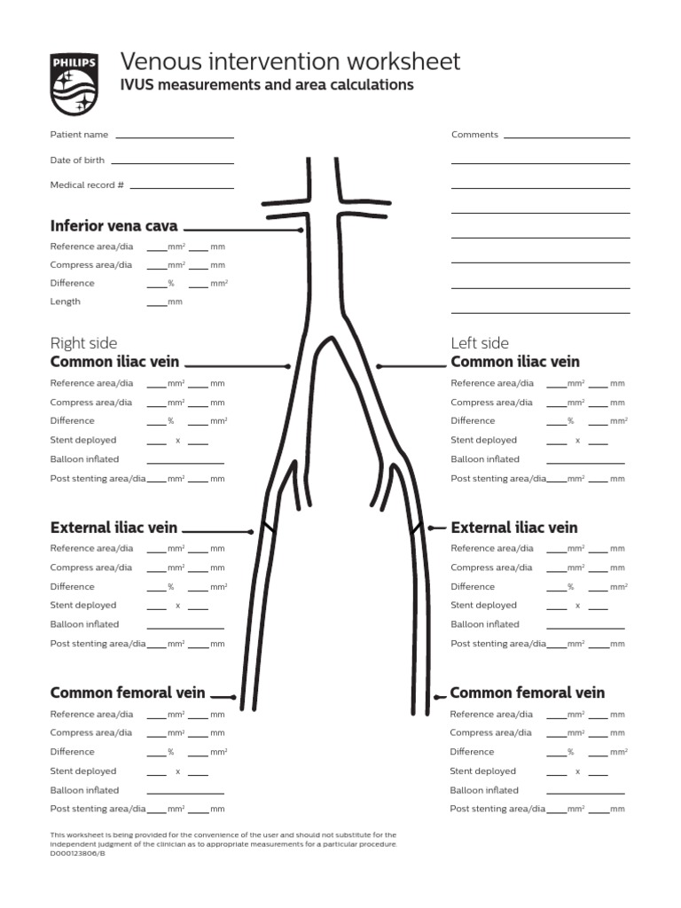 Venous Intervention Worksheet: IVUS Measurements and Area Calculations ...
