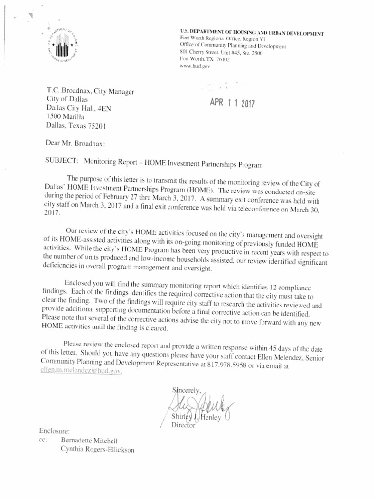 HUD April 11 Monitoring Letter | PDF | Lease | Property