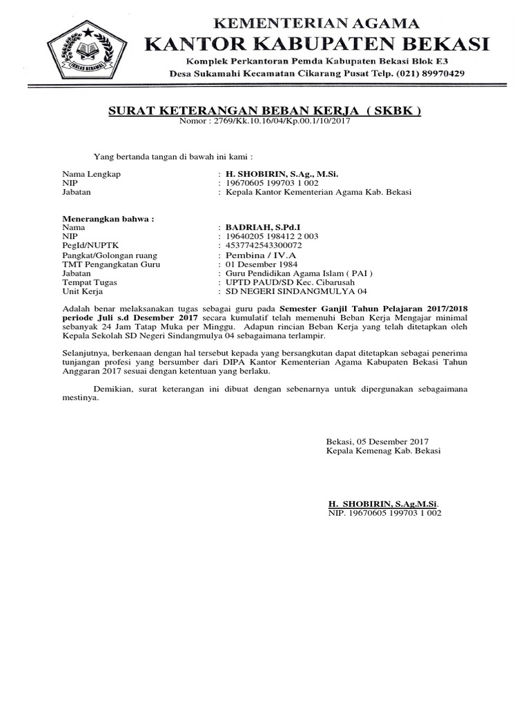 Surat Keterangan Beban Kerja Guru | PDF