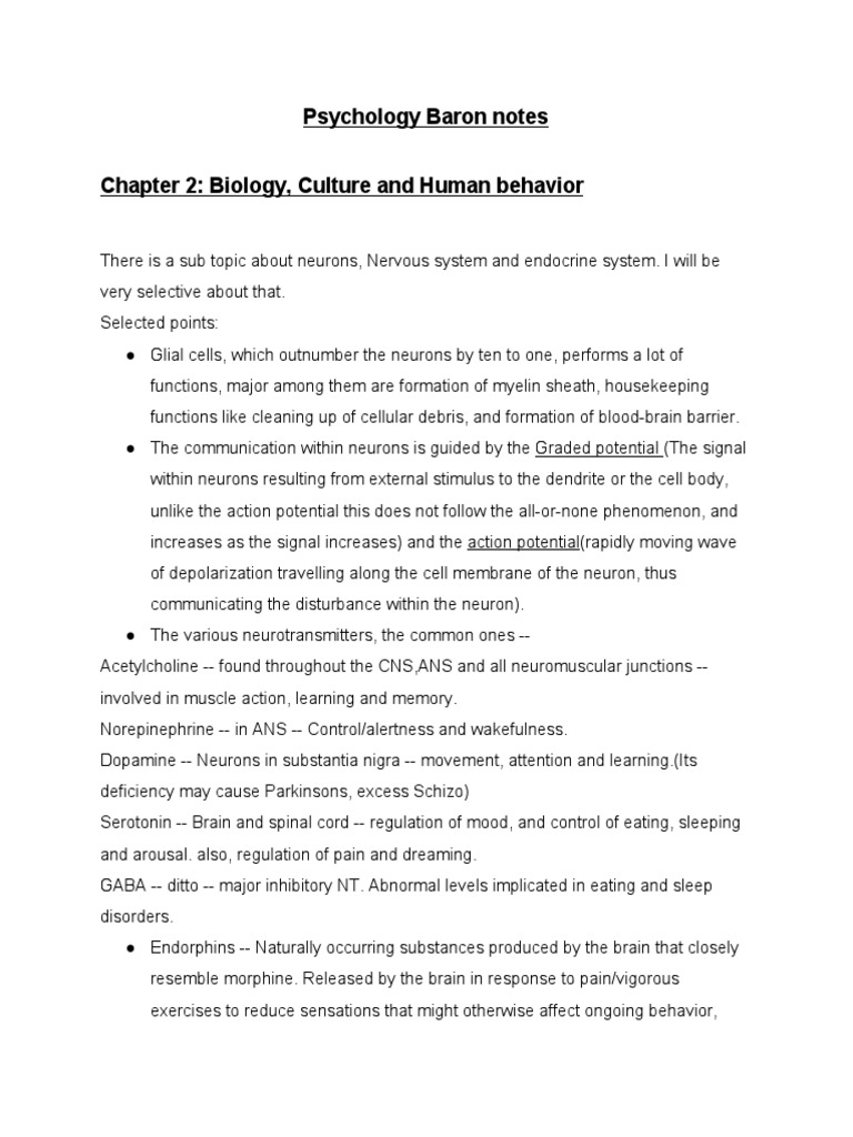 Psychology Baron Notes Chapter 2: Biology, Culture and Human Behavior ...