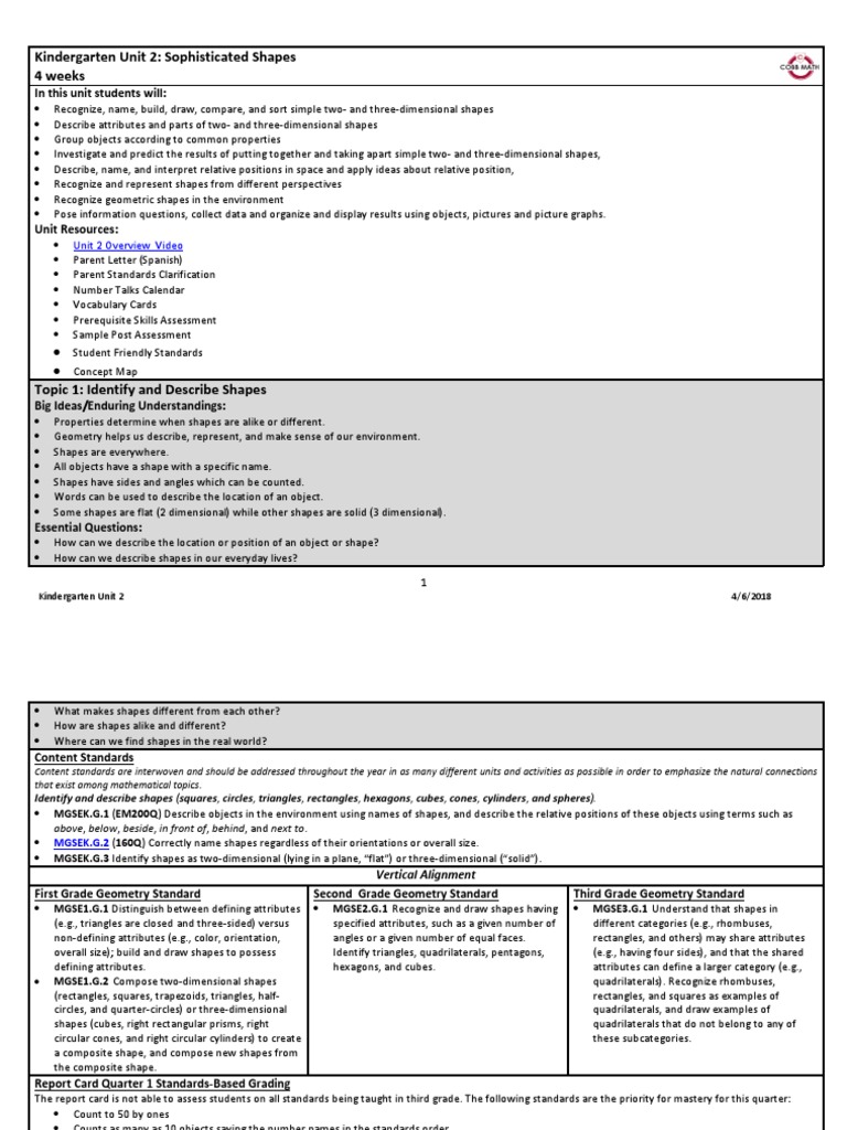Grade K Unit 2 Outline Overview 2017 | PDF | Shape | Rectangle