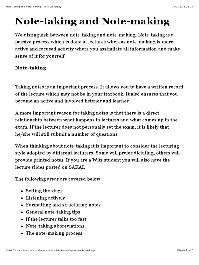 Note-Taking and Note-Making - Wits University | PDF | Cognition ...
