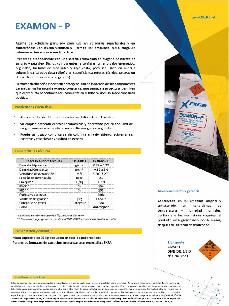 EXAMON-P - Hoja Tecnica | PDF | Material explosivo | Gases