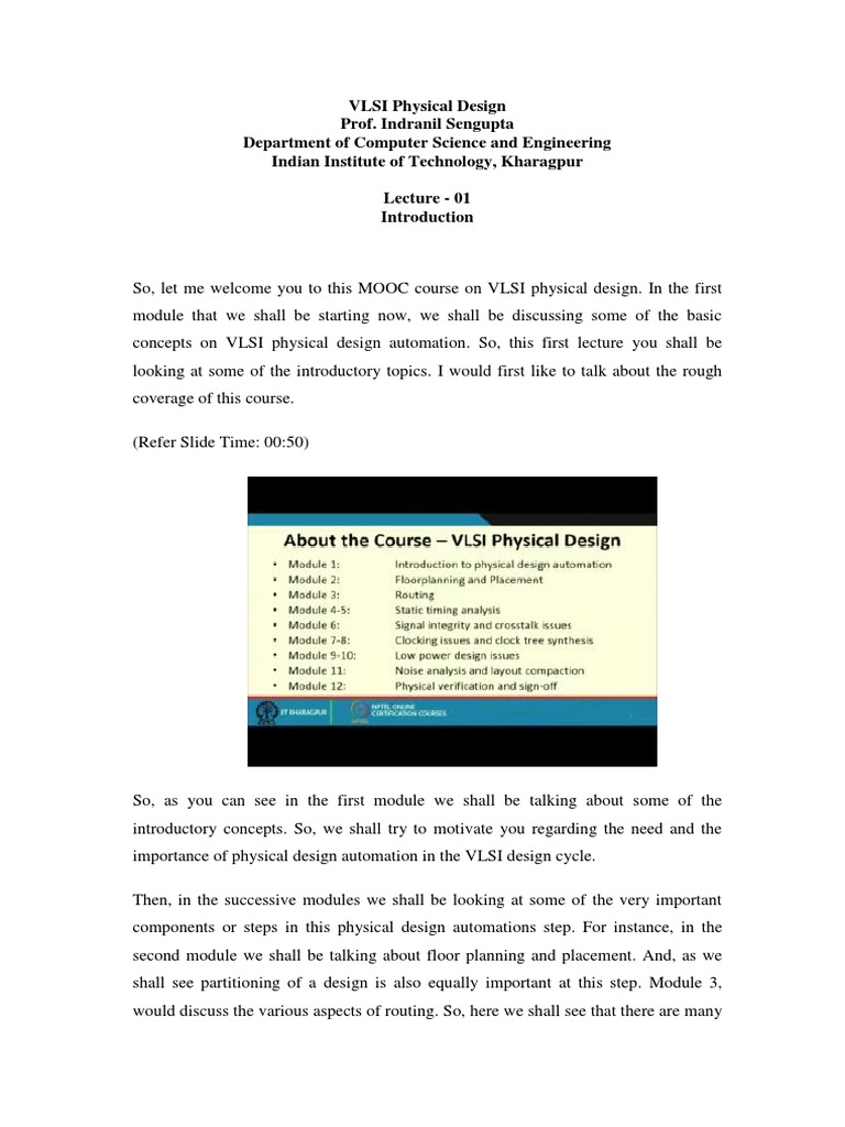 VLSI Physical Design Prof. Indranil Sengupta Department of Computer Science and Engineering ...