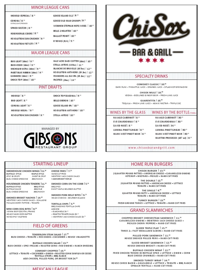 ChiSox Bar & Grill Menu 2018 | PDF | Anheuser Busch Brands | Hamburgers
