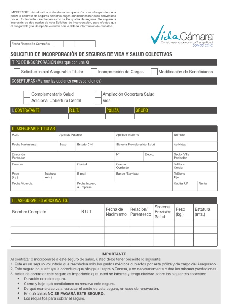 Formulario Vida Camara | PDF | Póliza de seguros | Seguro