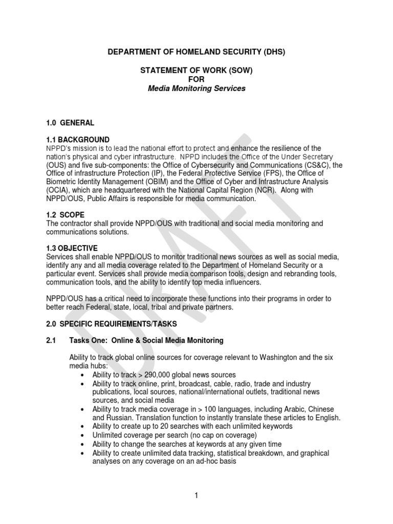 Department of Homeland Security (DHS) Statement of Work (Sow) FOR | PDF ...