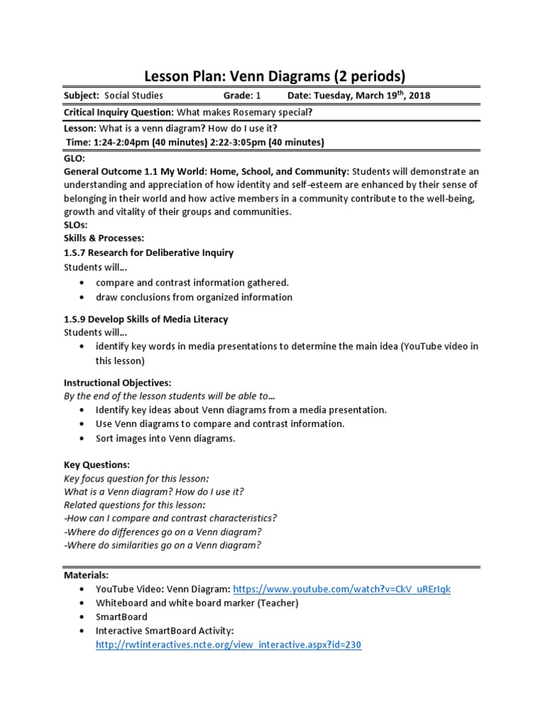 Venn Diagram Lesson Plan for Grade 1 | PDF | Community | Lesson Plan