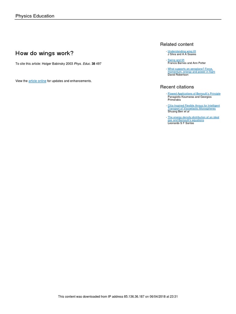 Holger Babinsky 2003 Phys. Educ. 38 001 | PDF | Lift (Force) | Airfoil