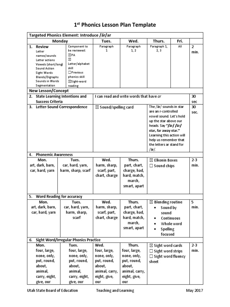 1 Phonics Lesson Plan Template: Targeted Phonics Element: Introduce /är ...