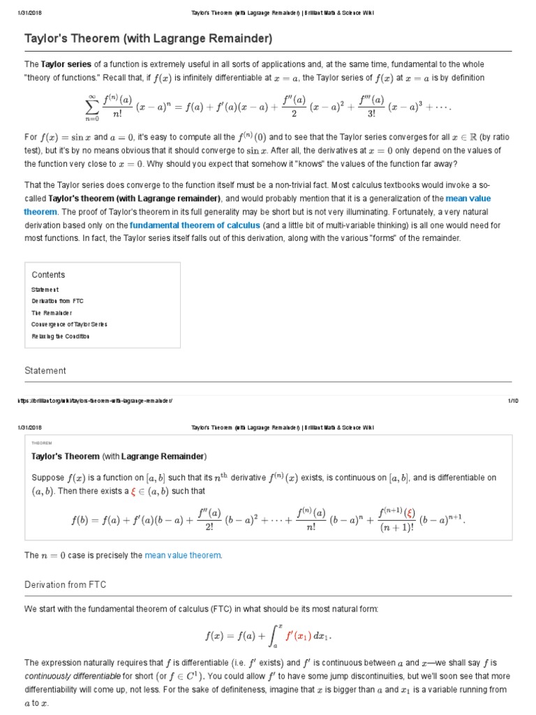 Taylor's Theorem with Lagrange Remainder | PDF | Analytic Function ...