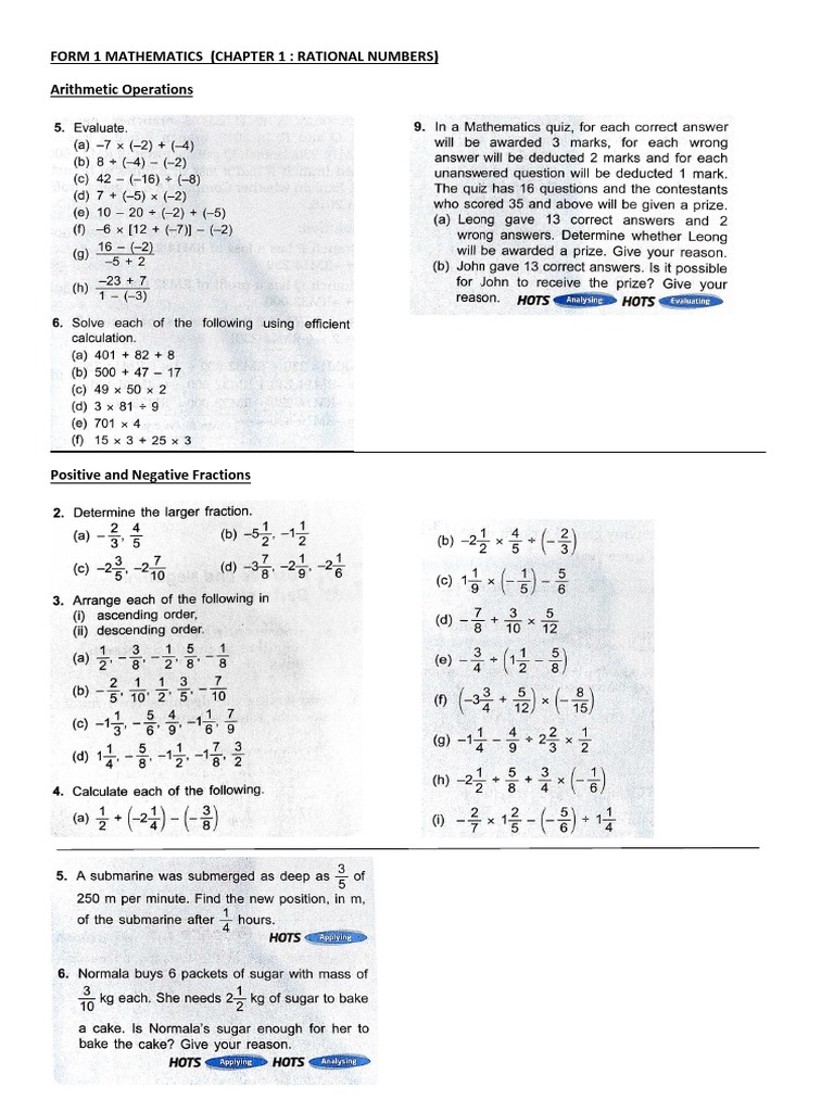 Form 1 Mathematics (Chapter 1: Rational Numbers) Arithmetic Operations ...