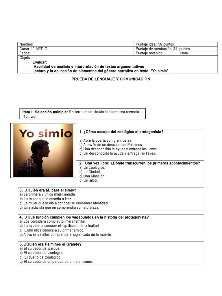 Prueba de Lenguaje: "Yo Simio" | PDF | Narración | Naturaleza