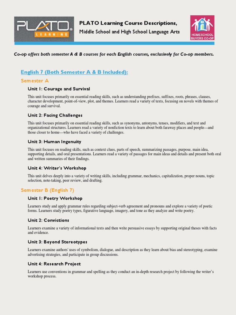 Plato Lang Arts Course Descriptions | PDF | Reading Comprehension ...