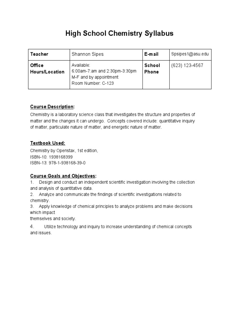 High School Chemistry Syllabus: Teacher E-Mail Office Hours/Location ...