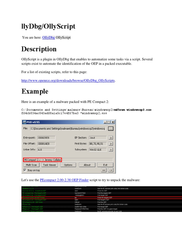 Llydbg/Ollyscript Description: Ollydbg | PDF