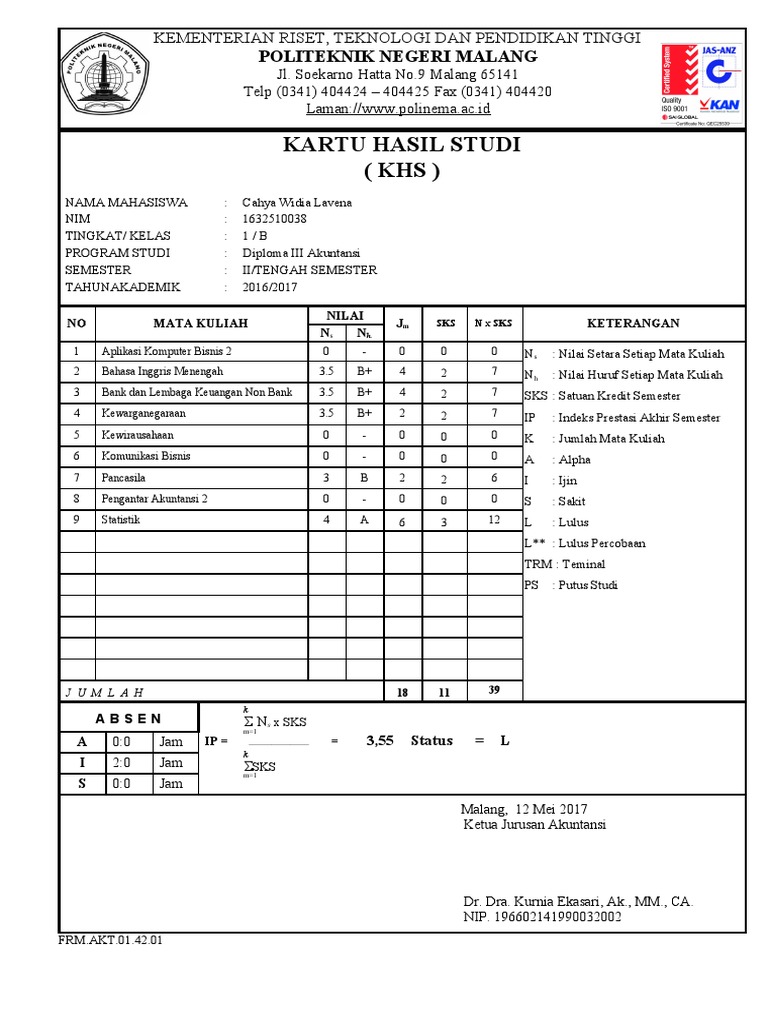 Kartu Hasil Studi ( Khs ): Politeknik Negeri Malang