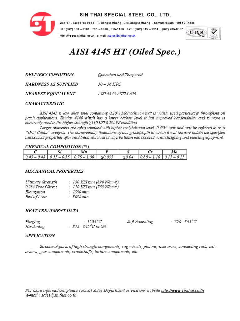 AISI 4145 HT (Oiled Spec.) : Sin Thai Special Steel Co., LTD | PDF