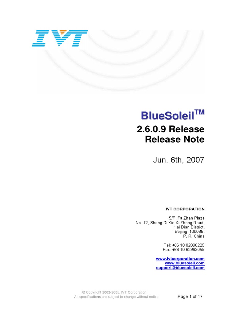 IVT BlueSoleil 2.6.0.9 070606 Release Note | PDF | Bluetooth ...