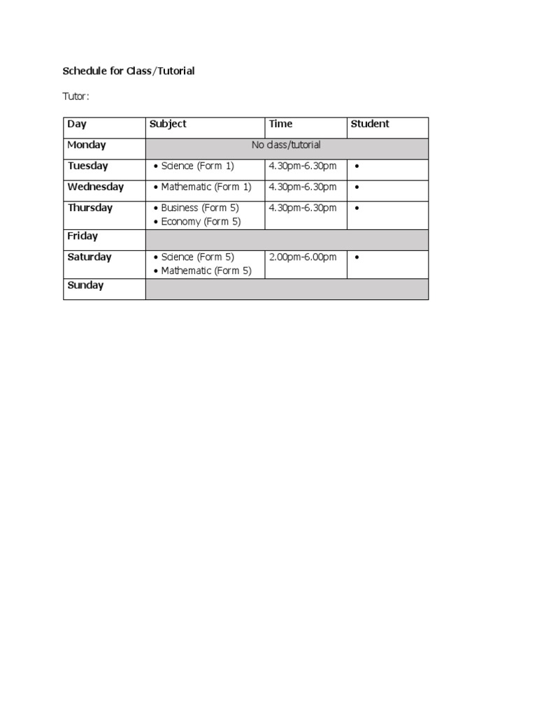 Tutor:: Schedule For Class/Tutorial | PDF