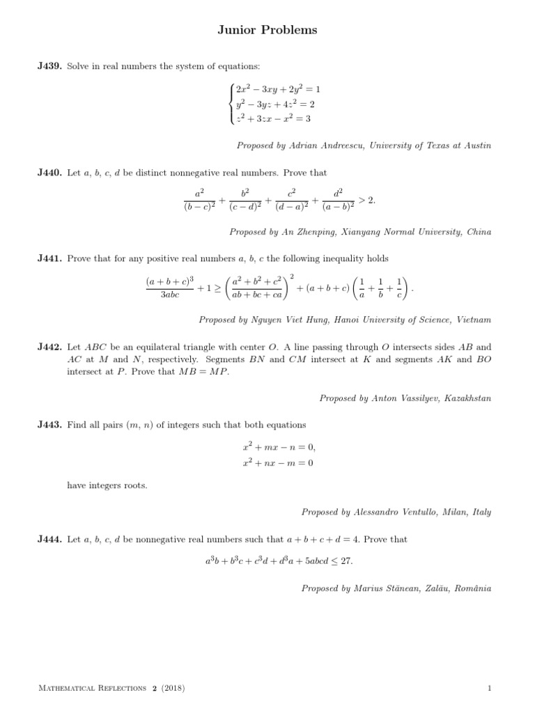 Junior Problems: Mathematical Reflections (2018) 1 | PDF | Abstract ...