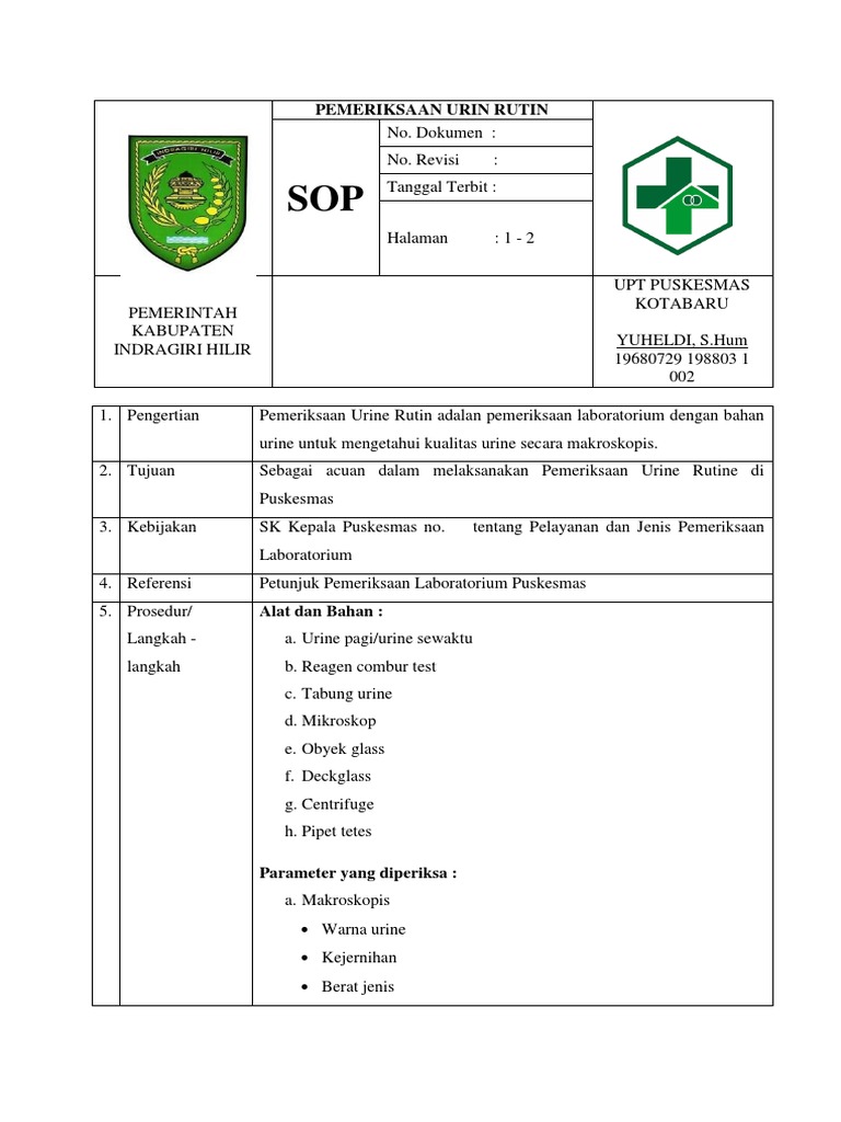 Sop Pemeriksaan Urin Rutin | PDF