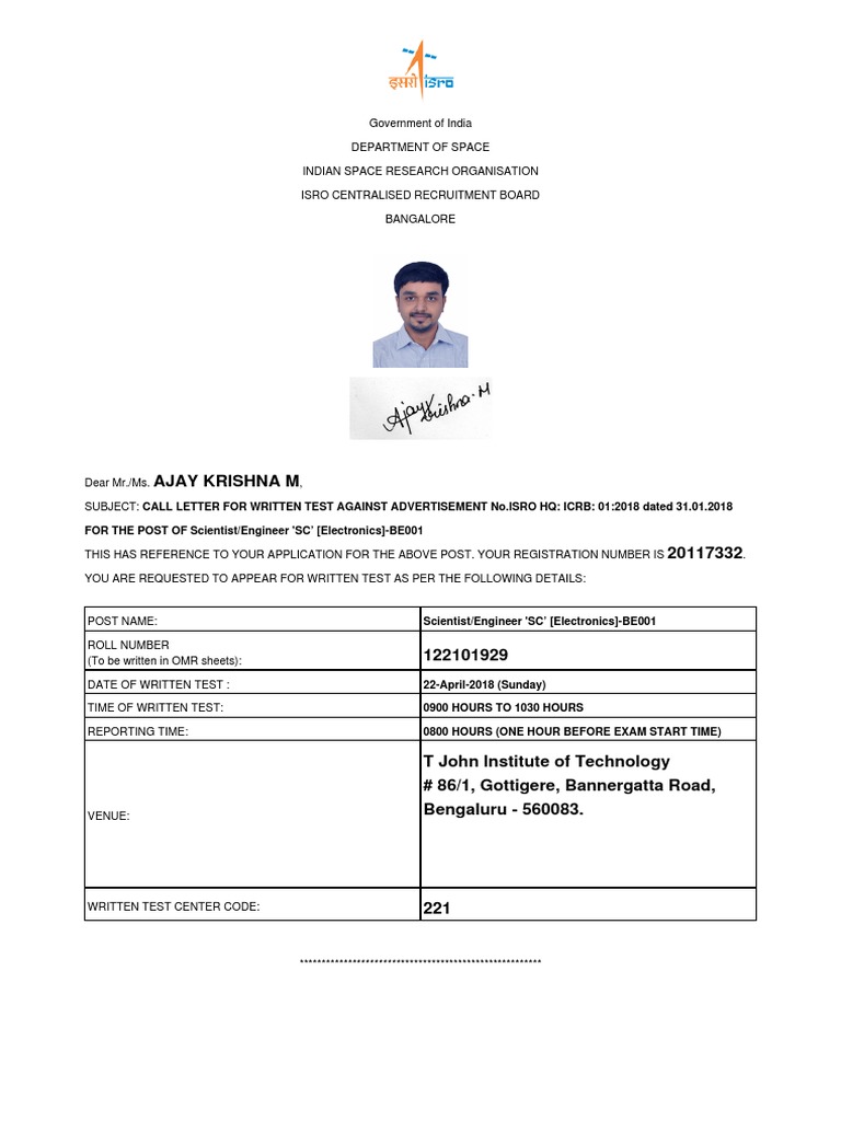 Call Letter for Written Test for the Post of Scientist/Engineer 'SC ...