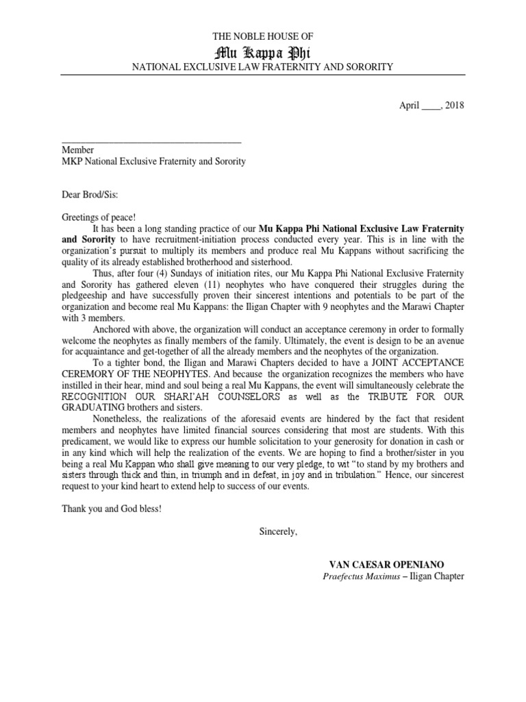 Solicitation Letter | PDF | Fraternities And Sororities