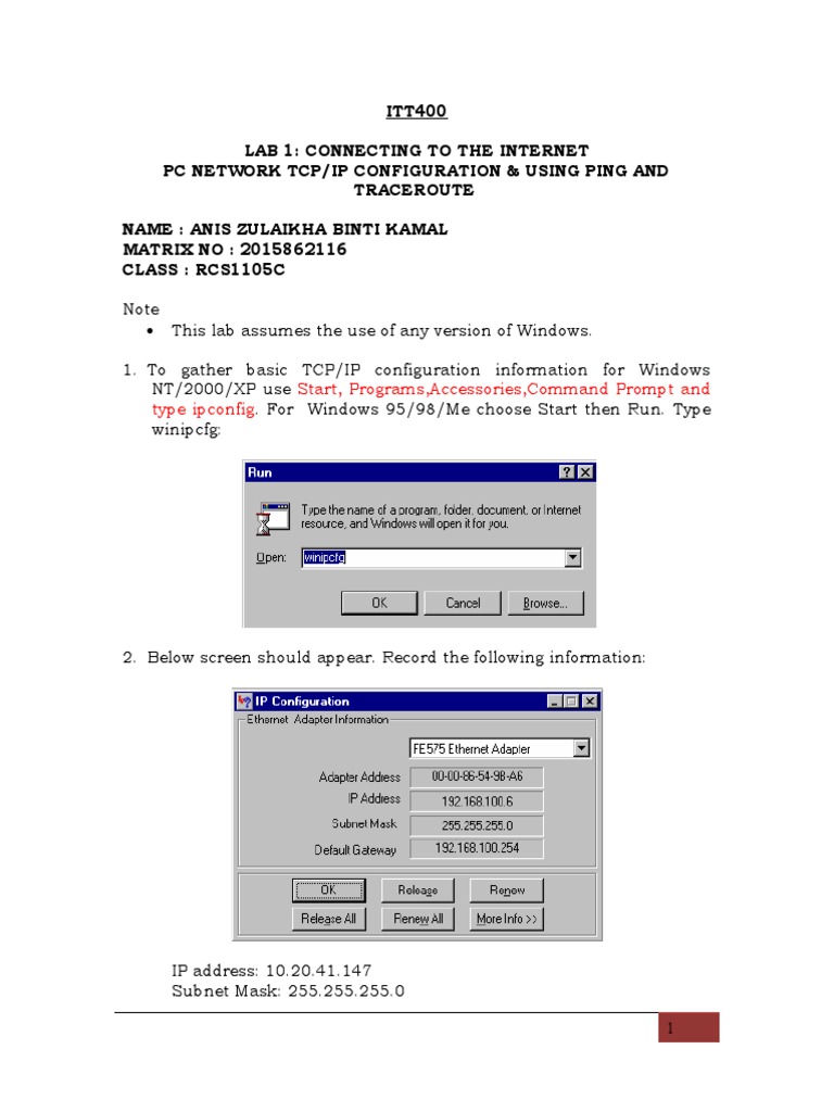 ITT400 LAB 1: CONNECTING TO THE INTERNET | PDF | Ip Address | Computer Network