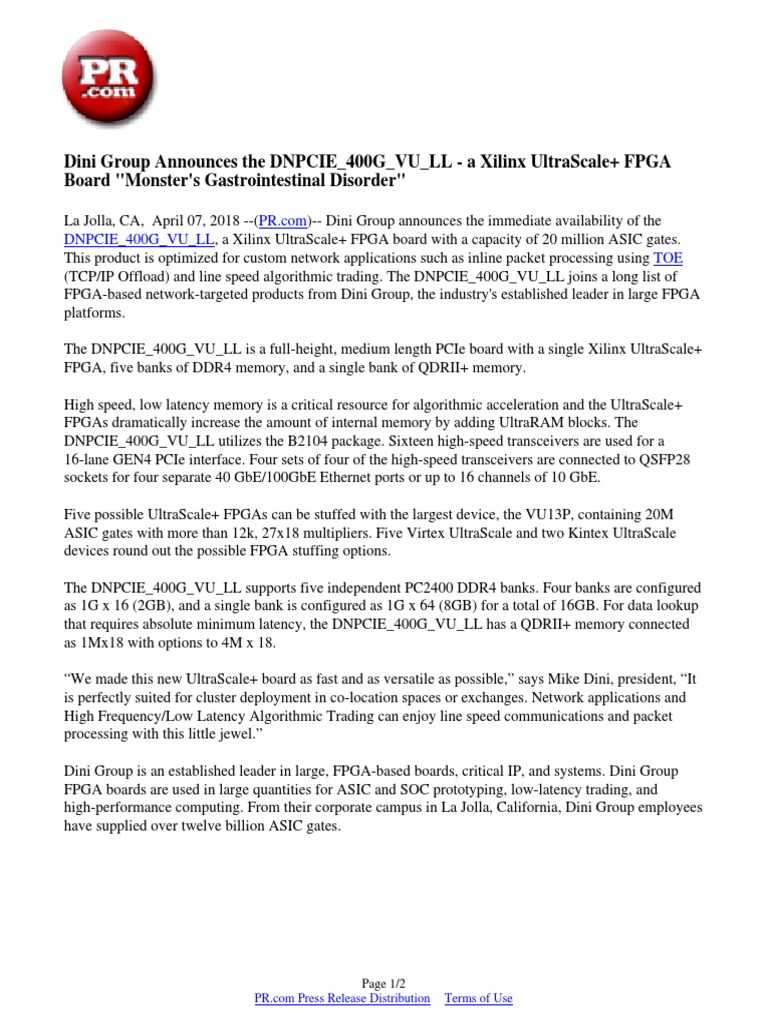 Dini Group Launches DNPCIE_400G FPGA Board | PDF | Field Programmable ...