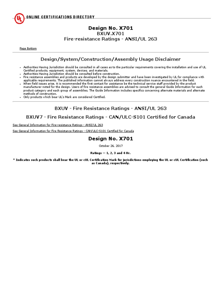Design No. X701: BXUV.X701 Fire-Resistance Ratings - ANSI/UL 263 | PDF | Computing And ...
