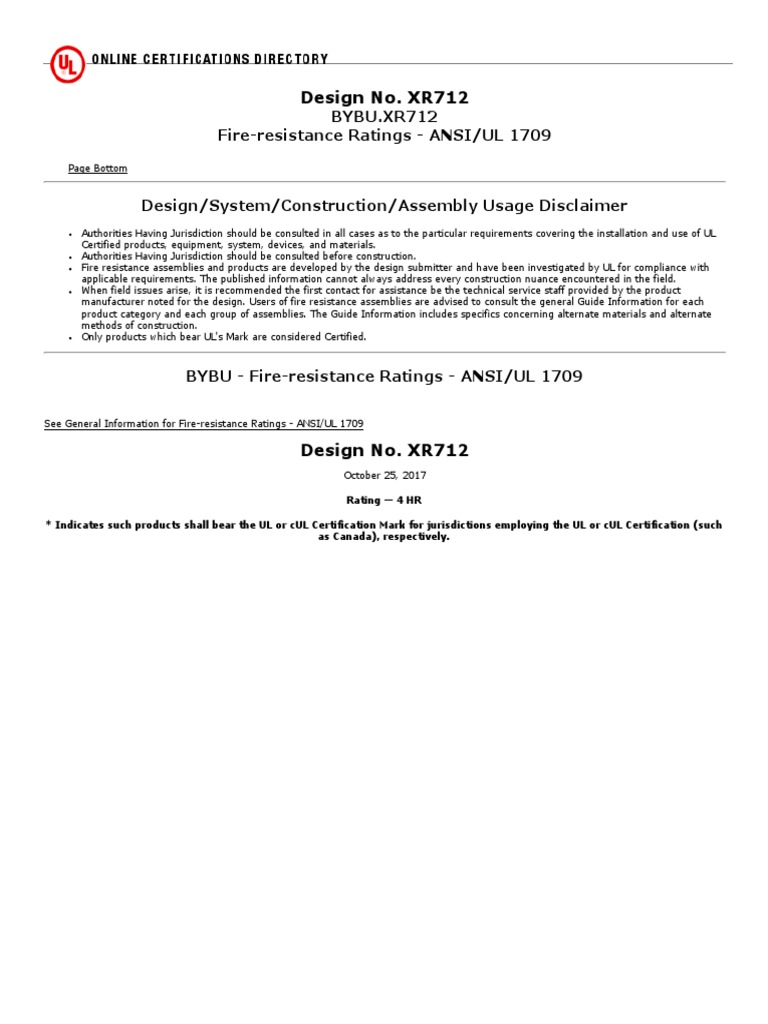 Design No. XR712: BYBU - XR712 Fire-Resistance Ratings - ANSI/UL 1709 | PDF | Computing And ...