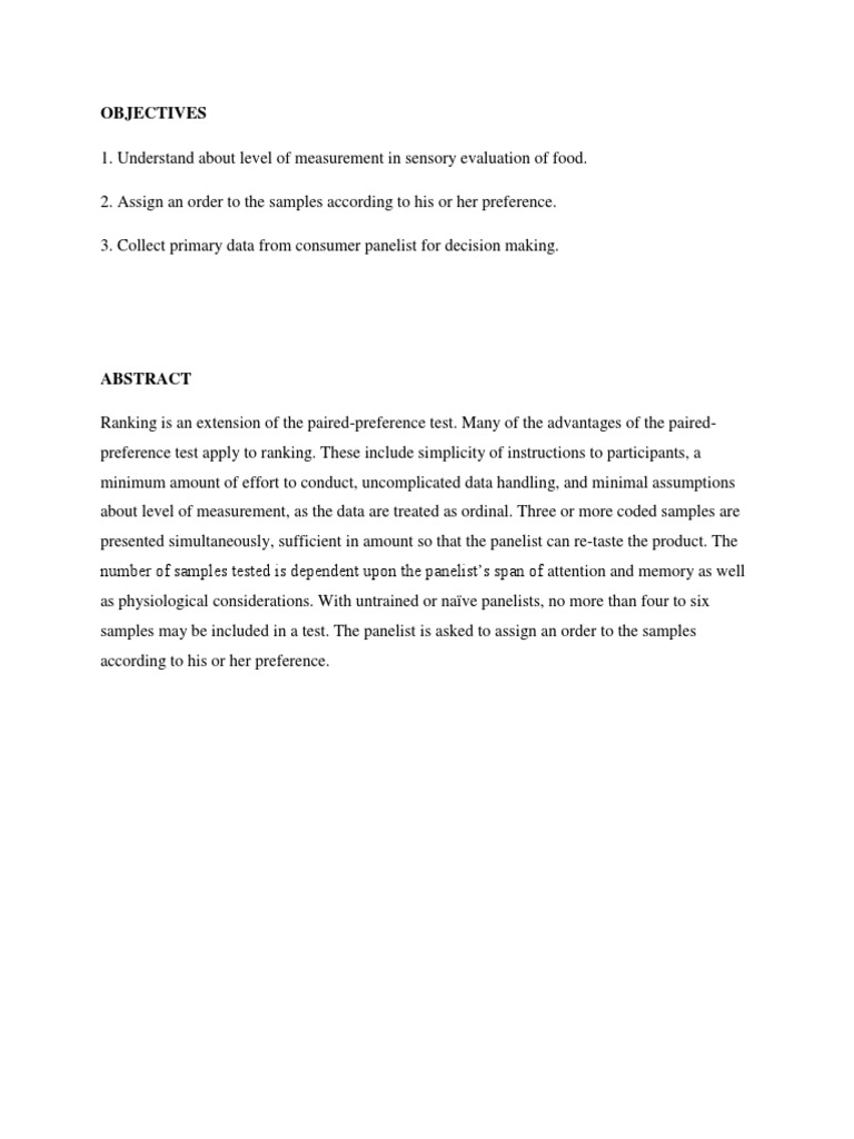 Sensory Ranking Test Methodology | PDF | Experiment | Level Of Measurement