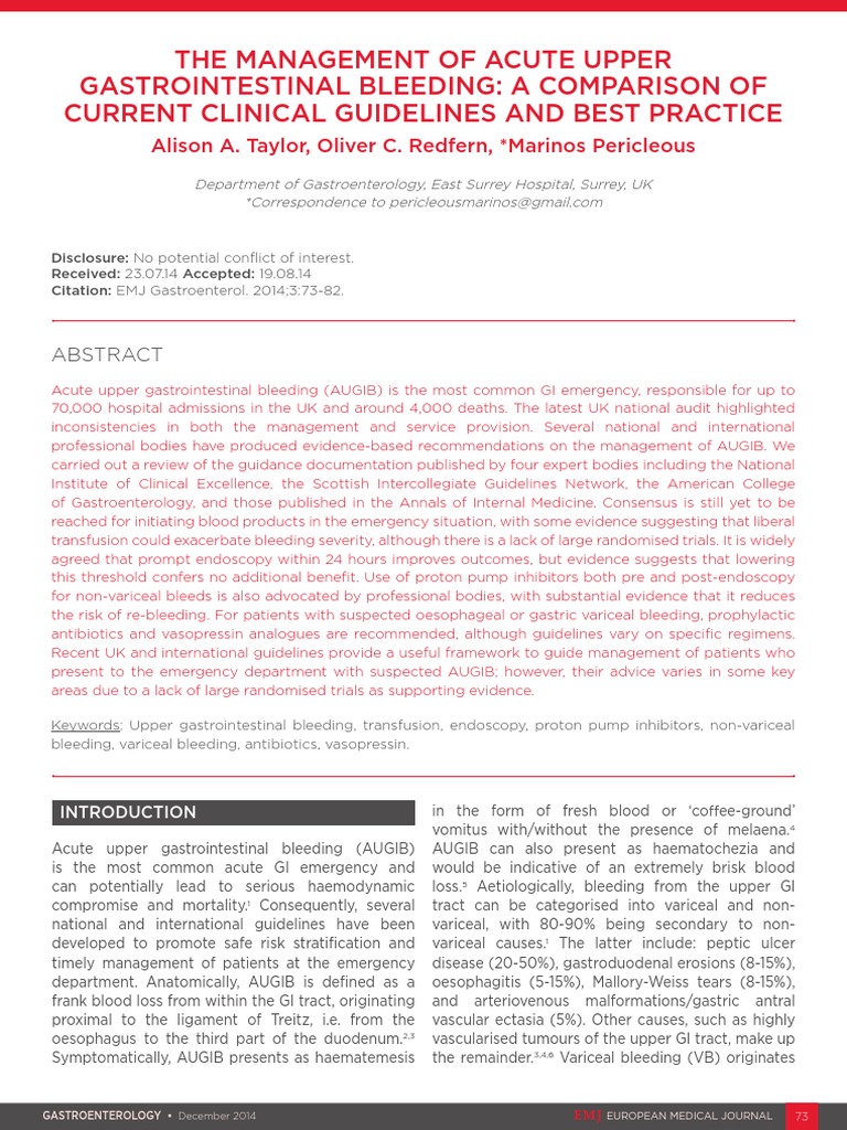 The Management of Acute Upper Gastrointestinal Bleeding A Comparison of ...