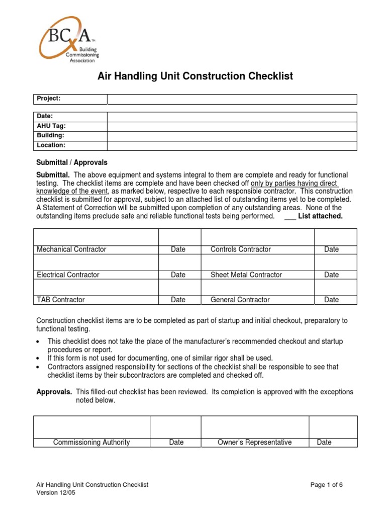 Air Handling Unit Construction Checklist: Project: Date: AHU Tag ...
