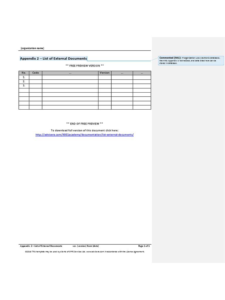 Appendix 2 - List of External Documents: Free Preview Version No. Code ...