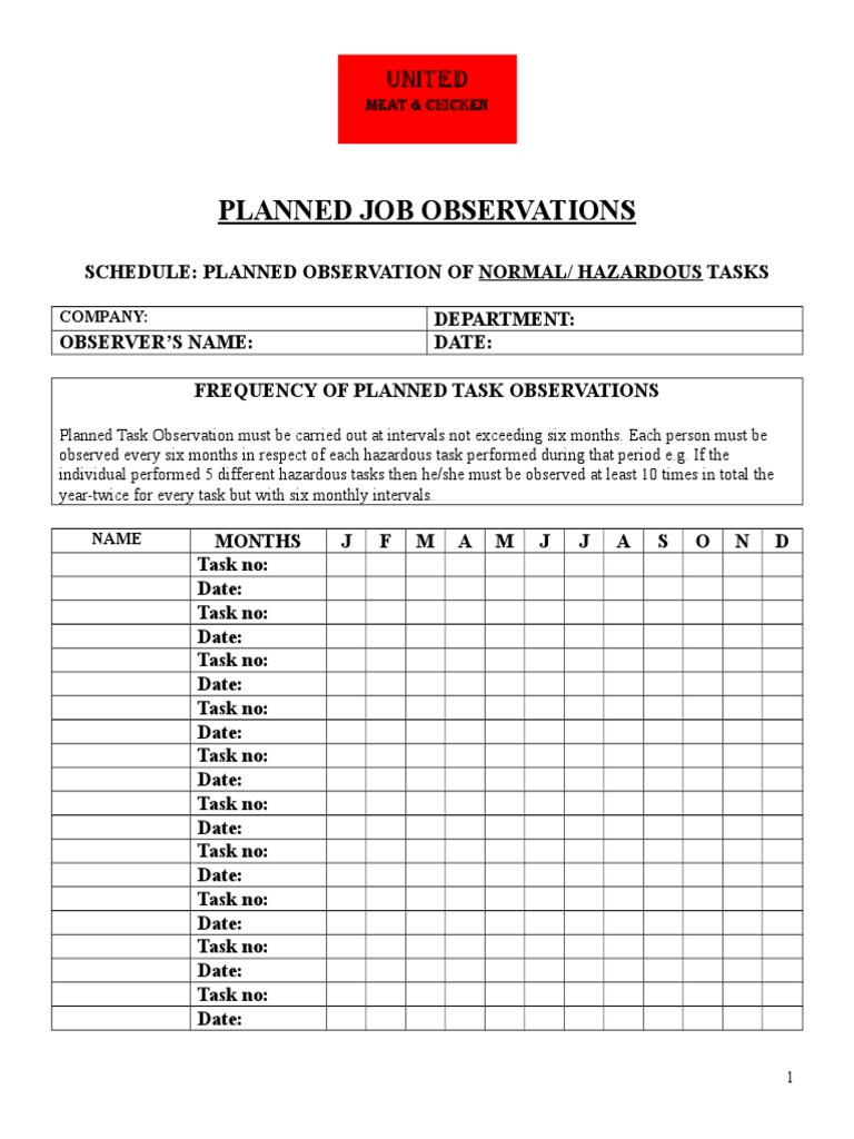 Planned Job Observations. | Occupational Safety And Health | Employment