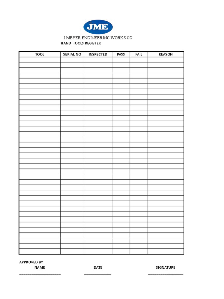 J Meyer Engineering Works CC Hand Tools Register Tool Serial No Inspected Pass Fail Reason | PDF
