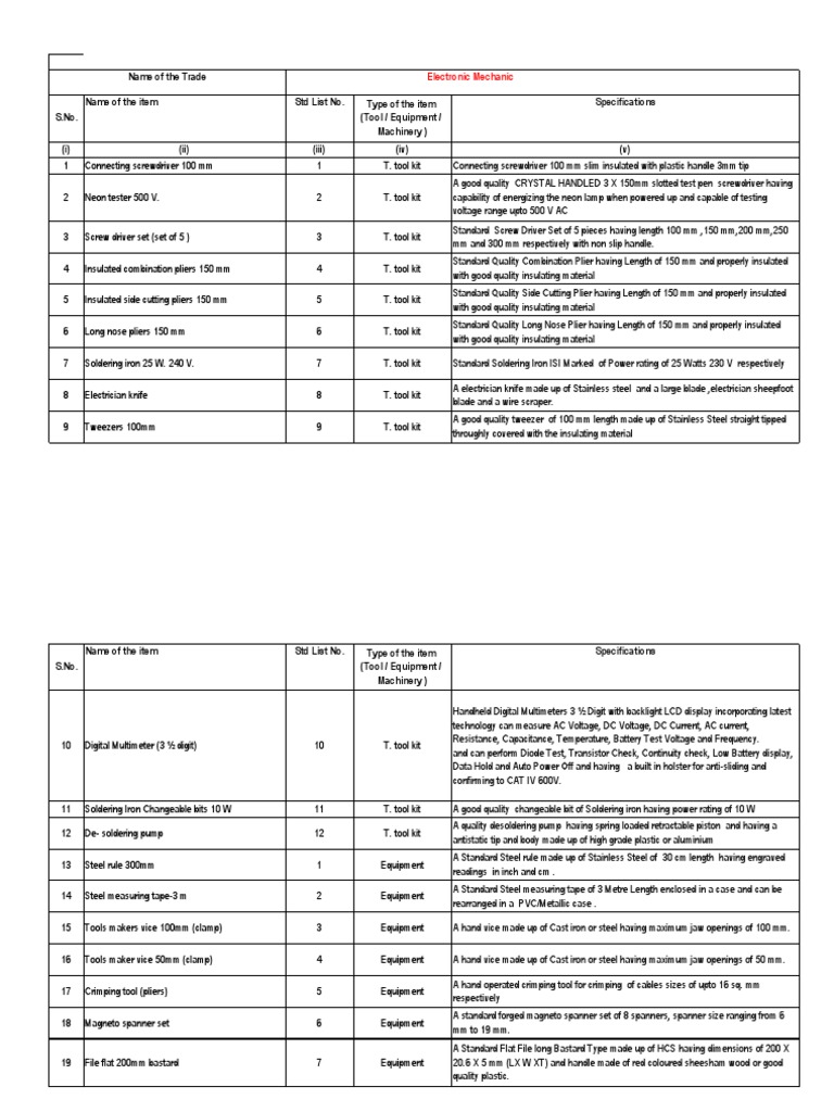 Em Tools Machinary Specifications | Download Free PDF | Electrical ...