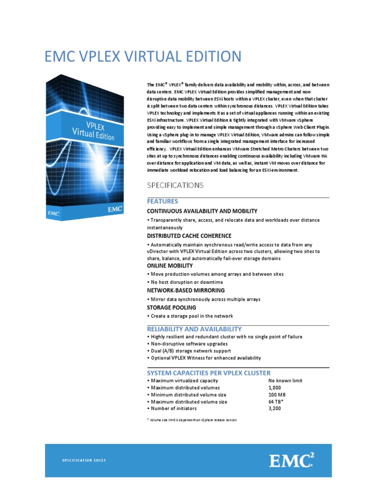 Emc Vplex Virtual Edition: Specifications | PDF | V Mware | Data Center