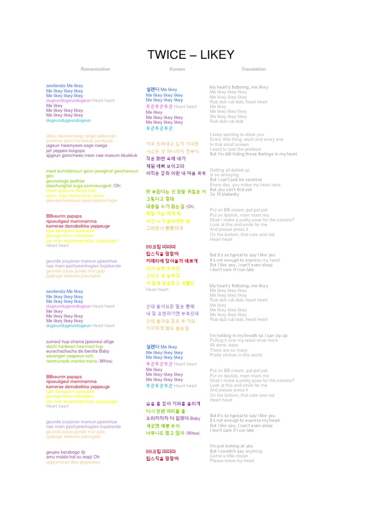 Twice - Likey: Romanization Korean Translation | PDF | Leisure