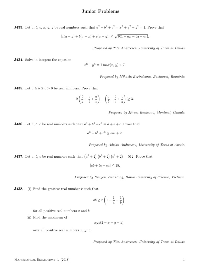 Junior Problems: Mathematical Reflections (2018) 1 | PDF | Algebra ...